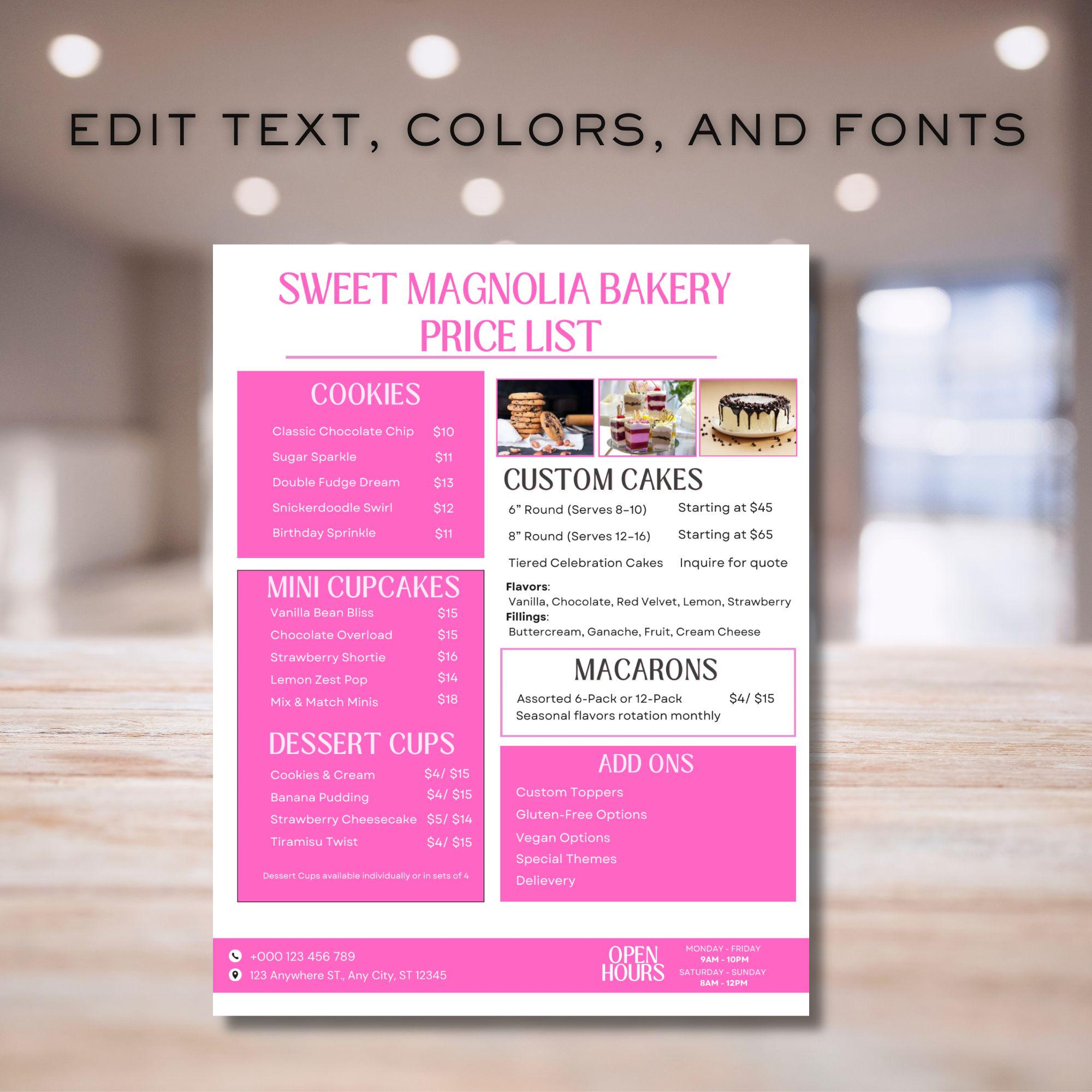 Bakery Price List, Bakery Menu Template, Bakery Price List Template ...