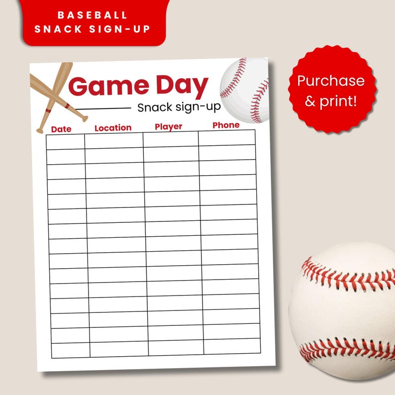 Instant Download Baseball Snack Sheet Sign Up, Snack Sign up Sheet ...