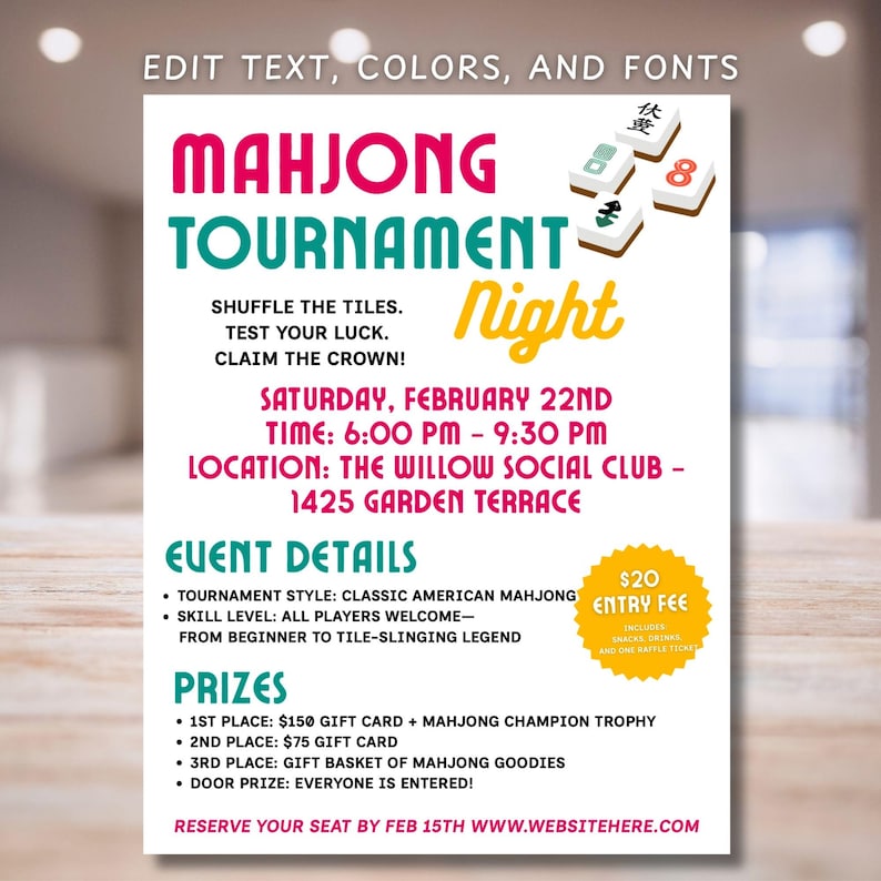Editable Mahjong Tournament Flyer Template | Printable Mahjong Event ...