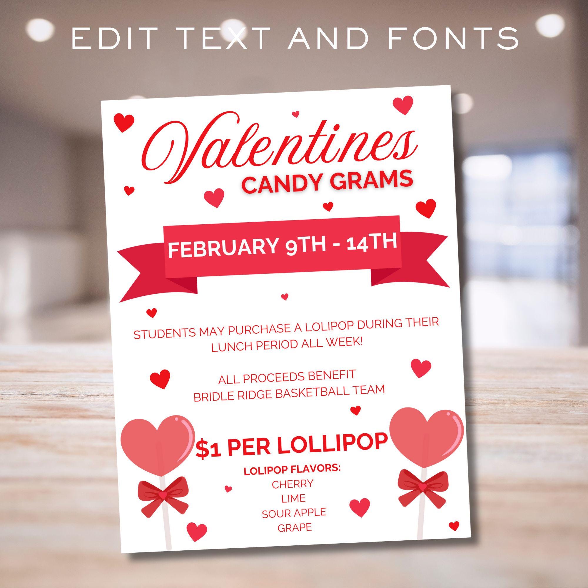 Editable Valentines Gram Flyer, Valentines Fundraiser Flyer, Lollipop ...