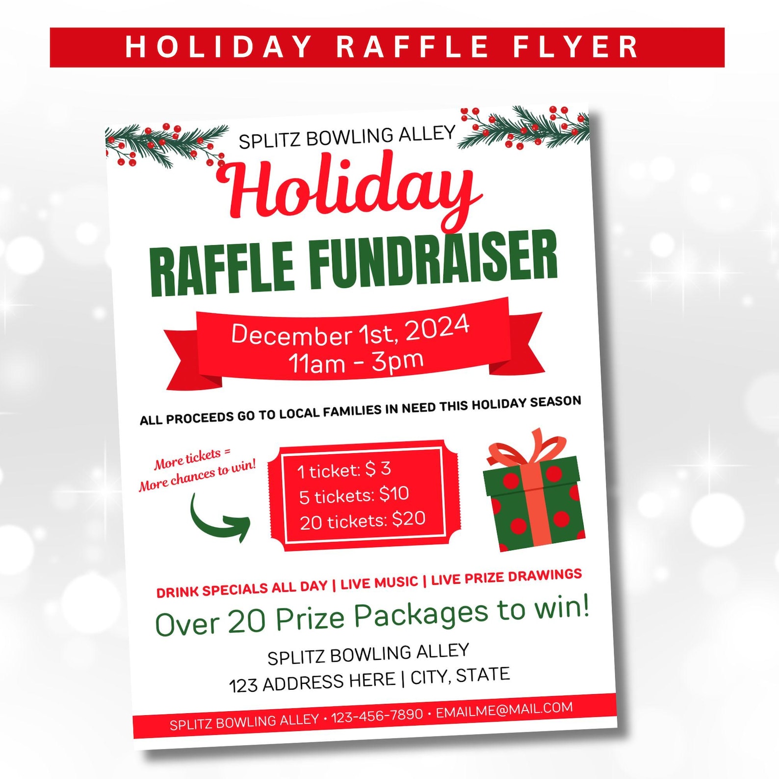 Holiday Raffle Fundraiser Flyer, Raffle Event, Christmas Raffle Flyer ...