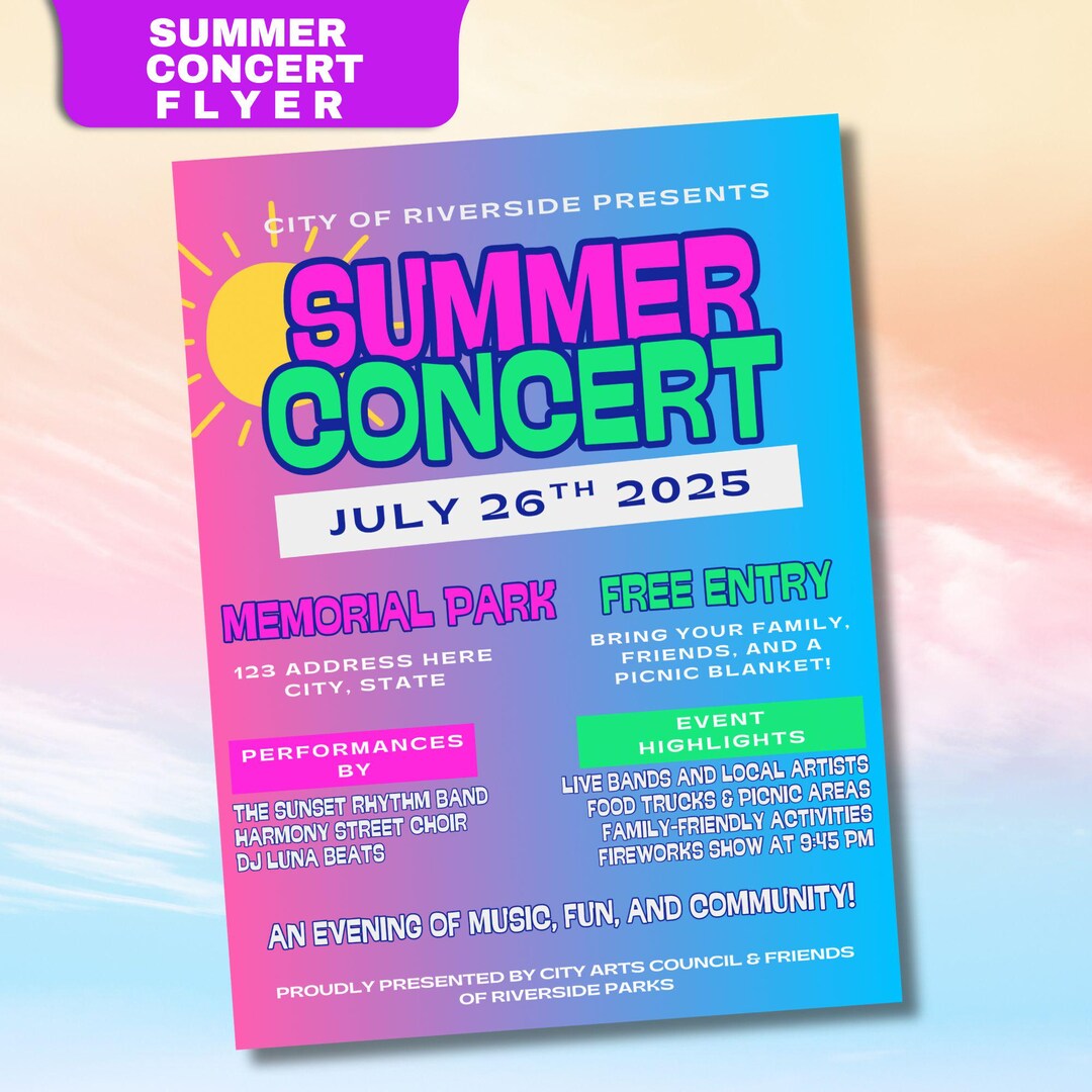 Editable Summer Concert Flyer, Concert in the Park, Community Days ...