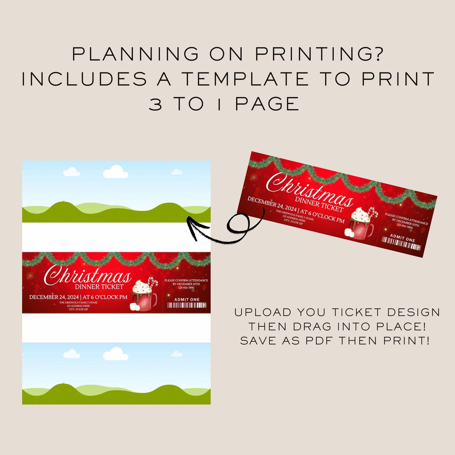 Christmas Dinner Ticket Template, Christmas Theme Ticket, Digital ...