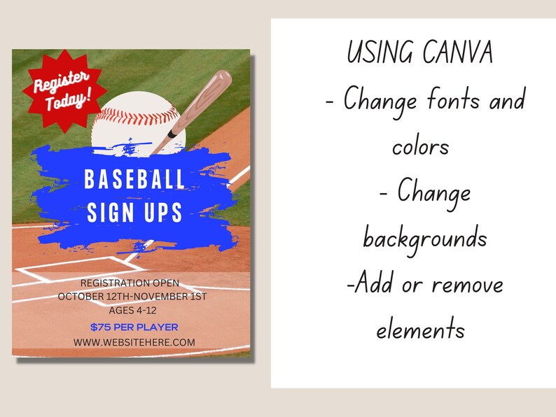 Editable Flyer, Baseball Flyer, Baseball Sign up Flyer, Canva Flyer ...
