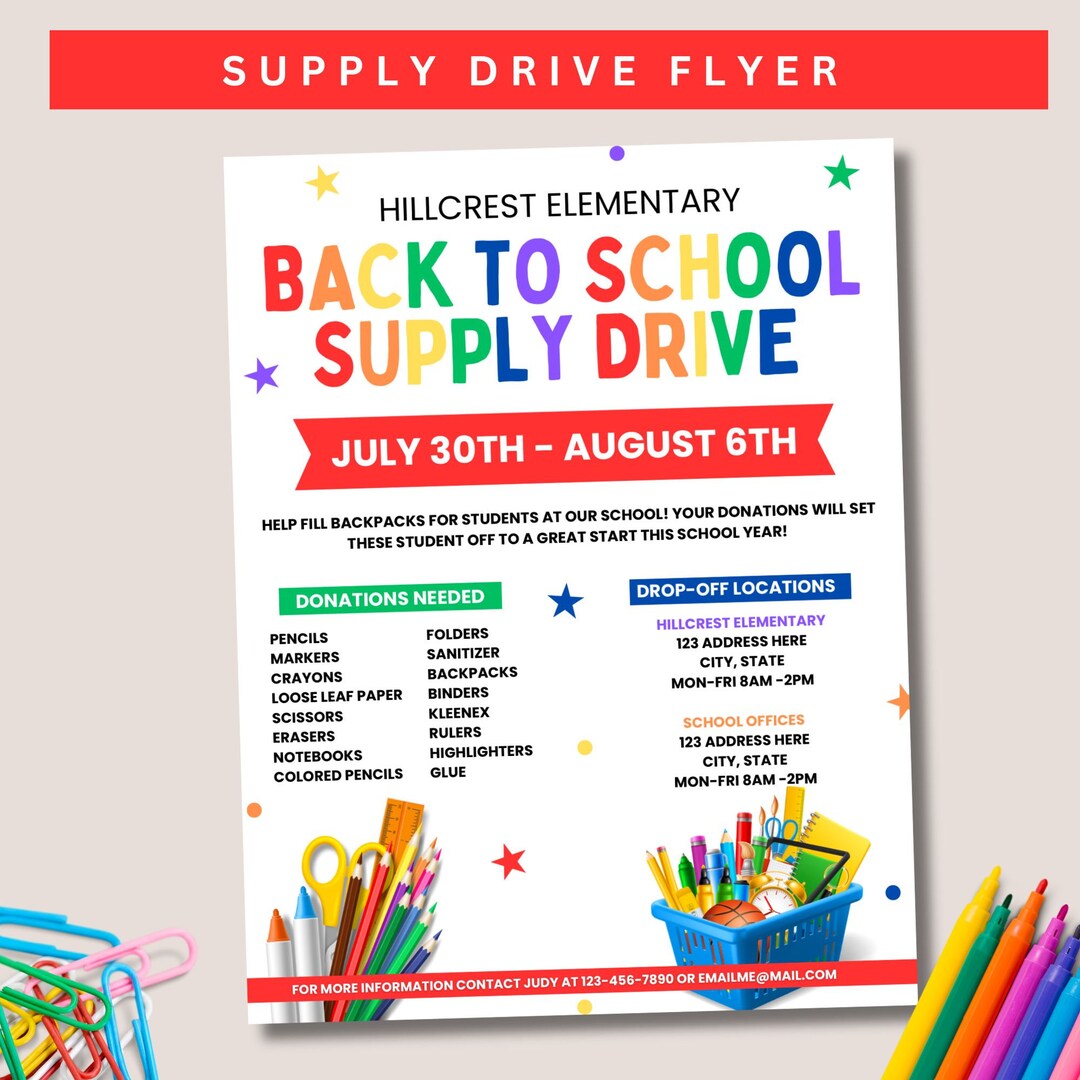 School Supply Drive Flyer, Supplies Drive Fundraiser, Back to School ...