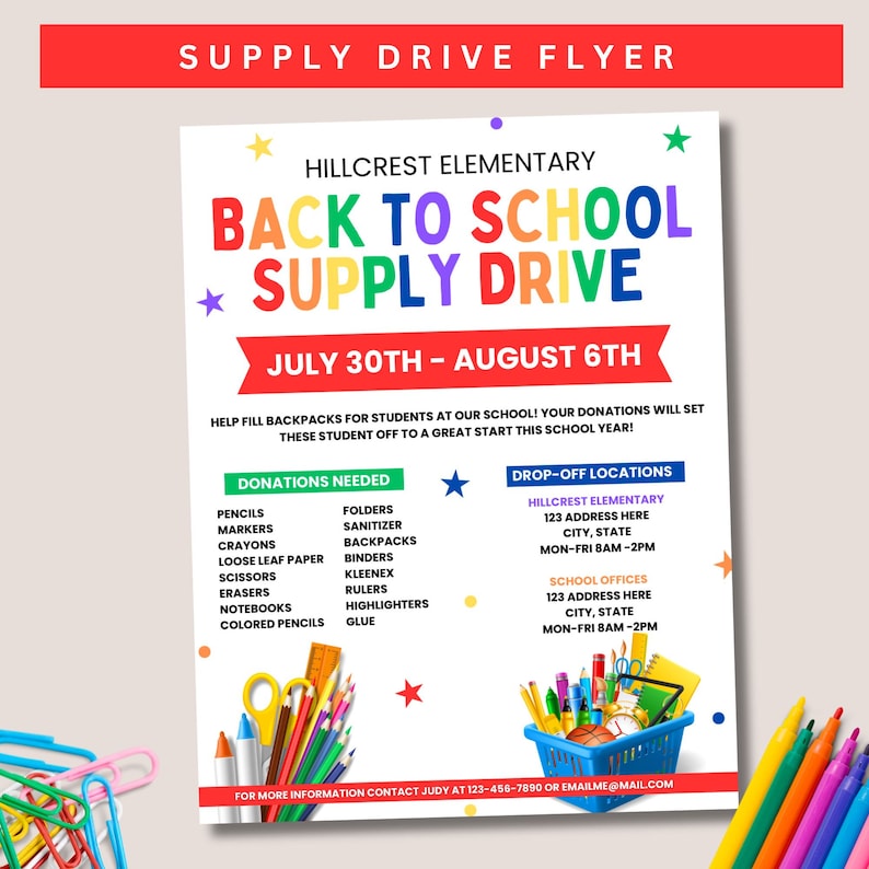 School Supply Drive Flyer, Supplies Drive Fundraiser, Back to School ...