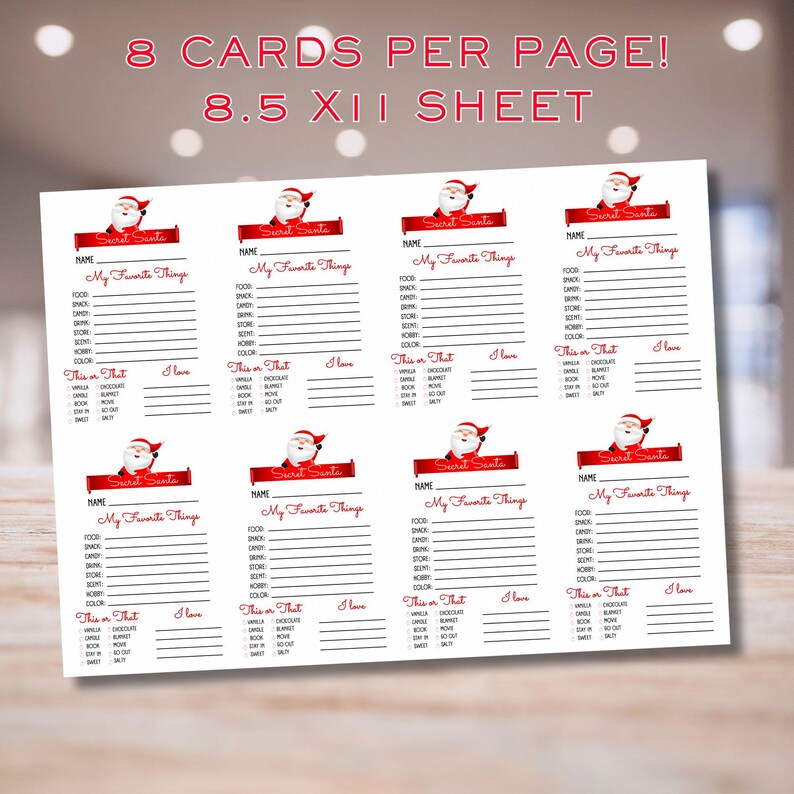 Secret Santa Questionnaire, Secret Santa Cards, Instant Download, Santa ...