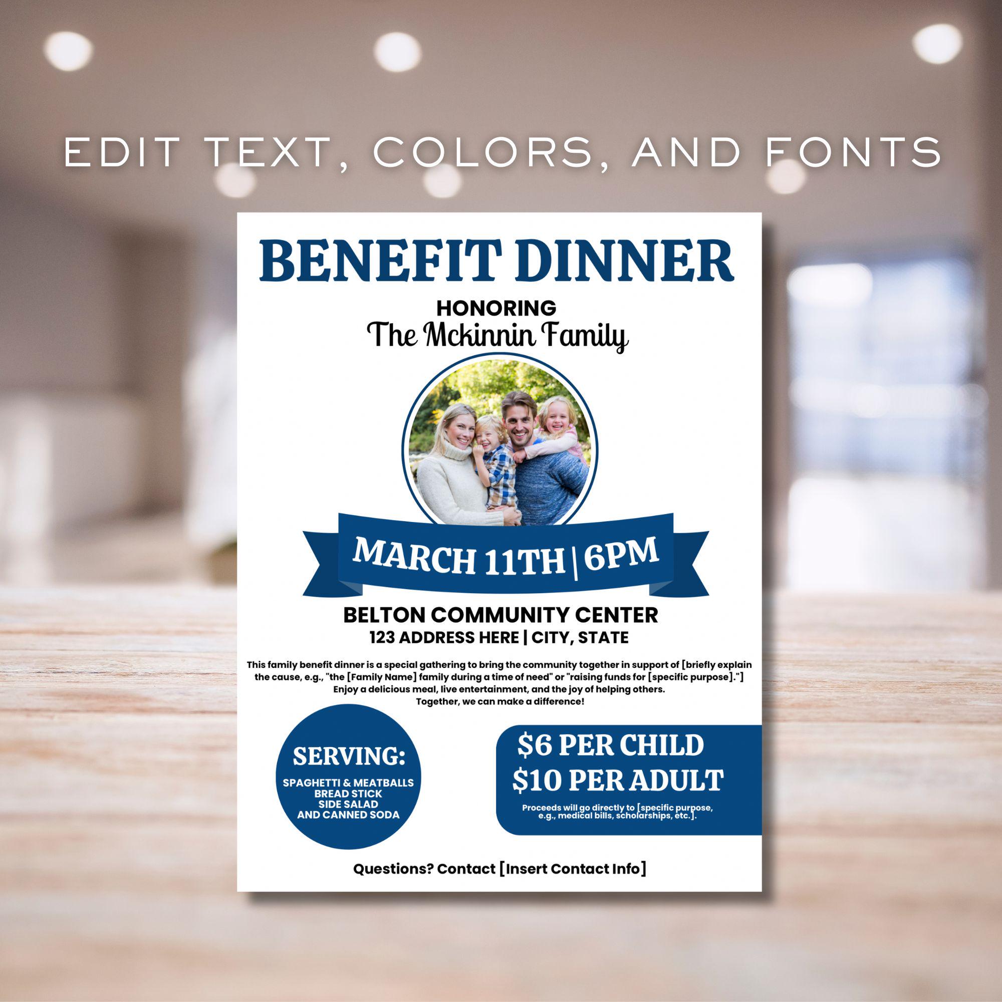 Family Benefit Dinner Flyer, Fundraiser Dinner Flyer, Family Flyer ...