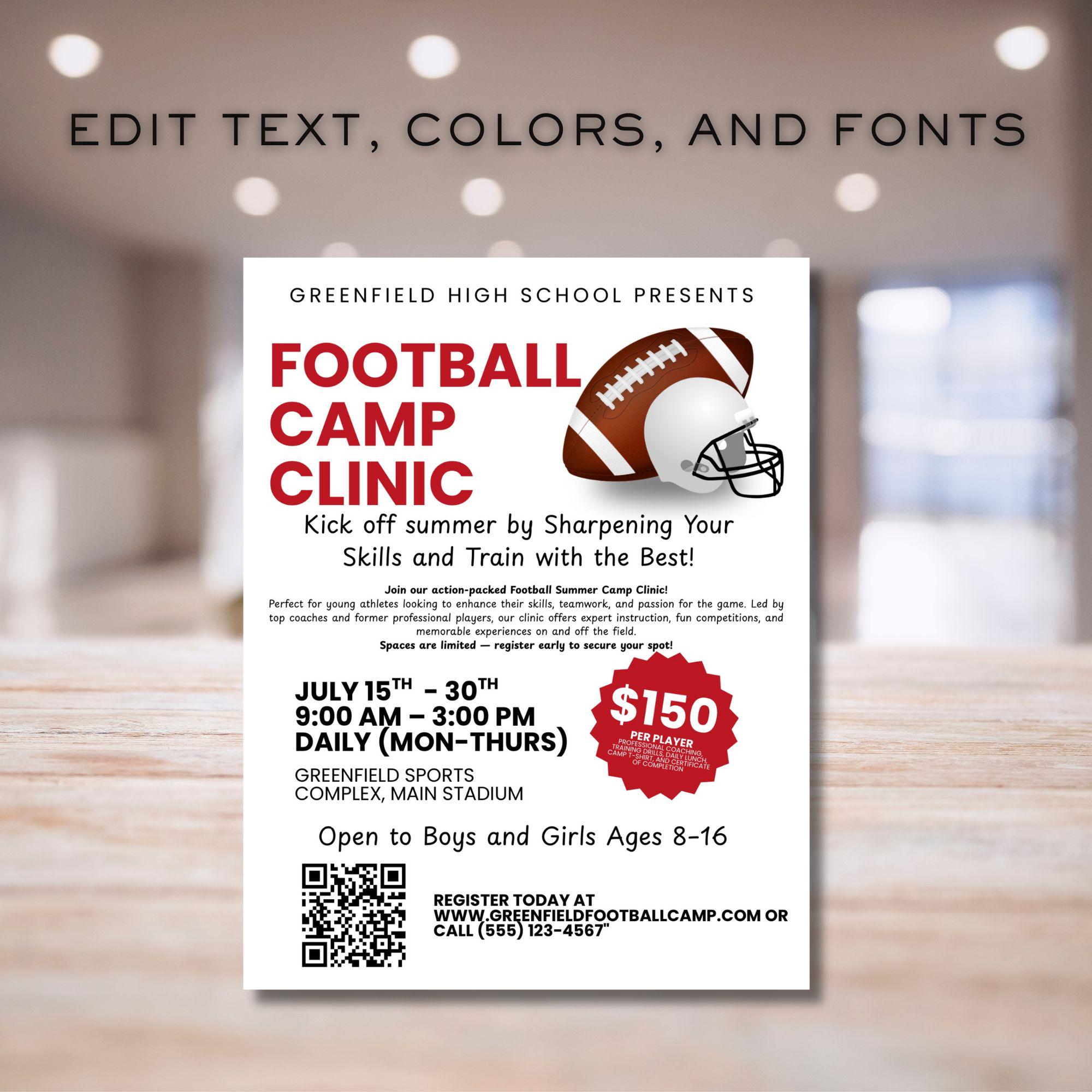Editable Flyer, Football Camp Flyer, Football Sign up Flyer, Canva ...