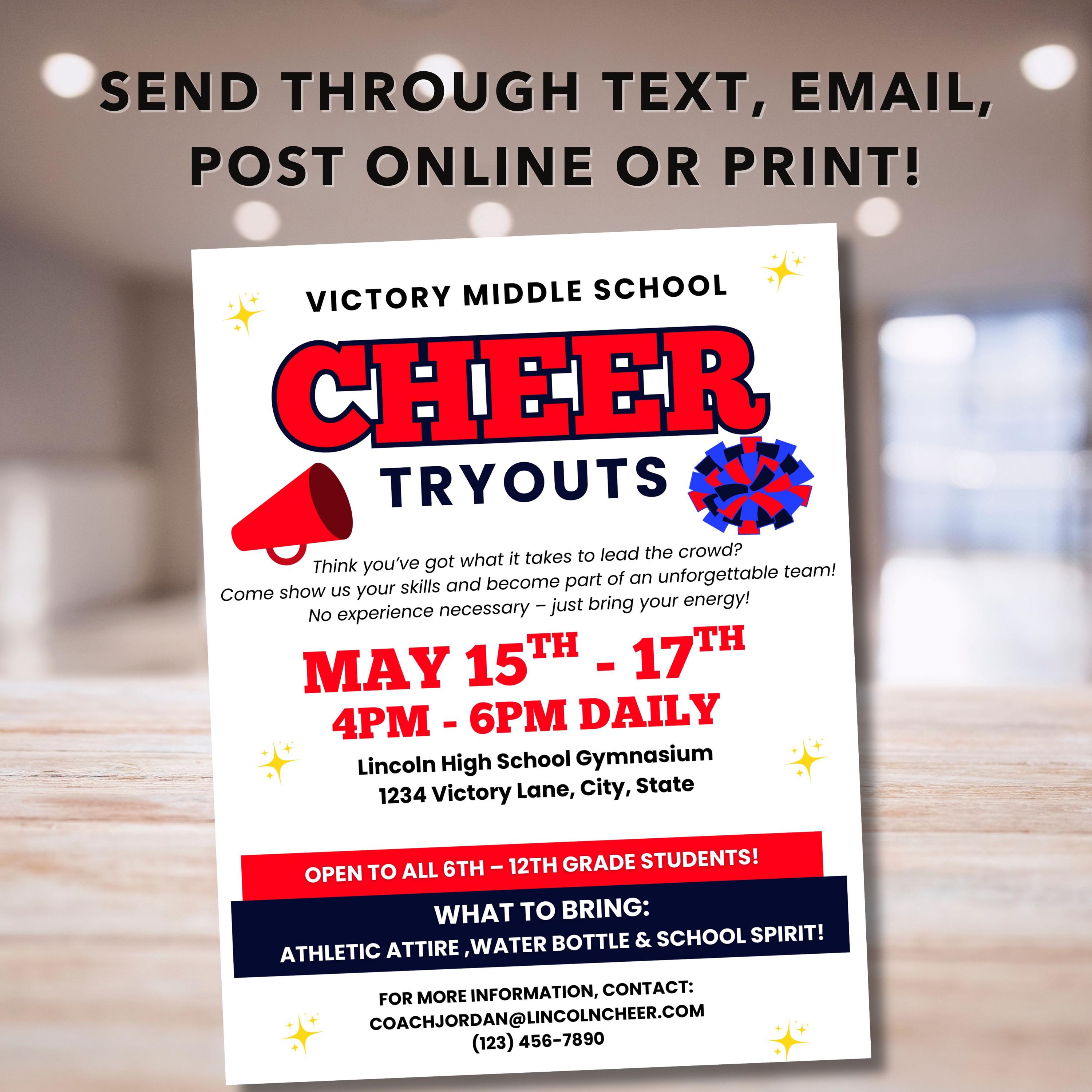 Editable Cheer Tryout Flyer Template | School Spirit Poster | Printable ...