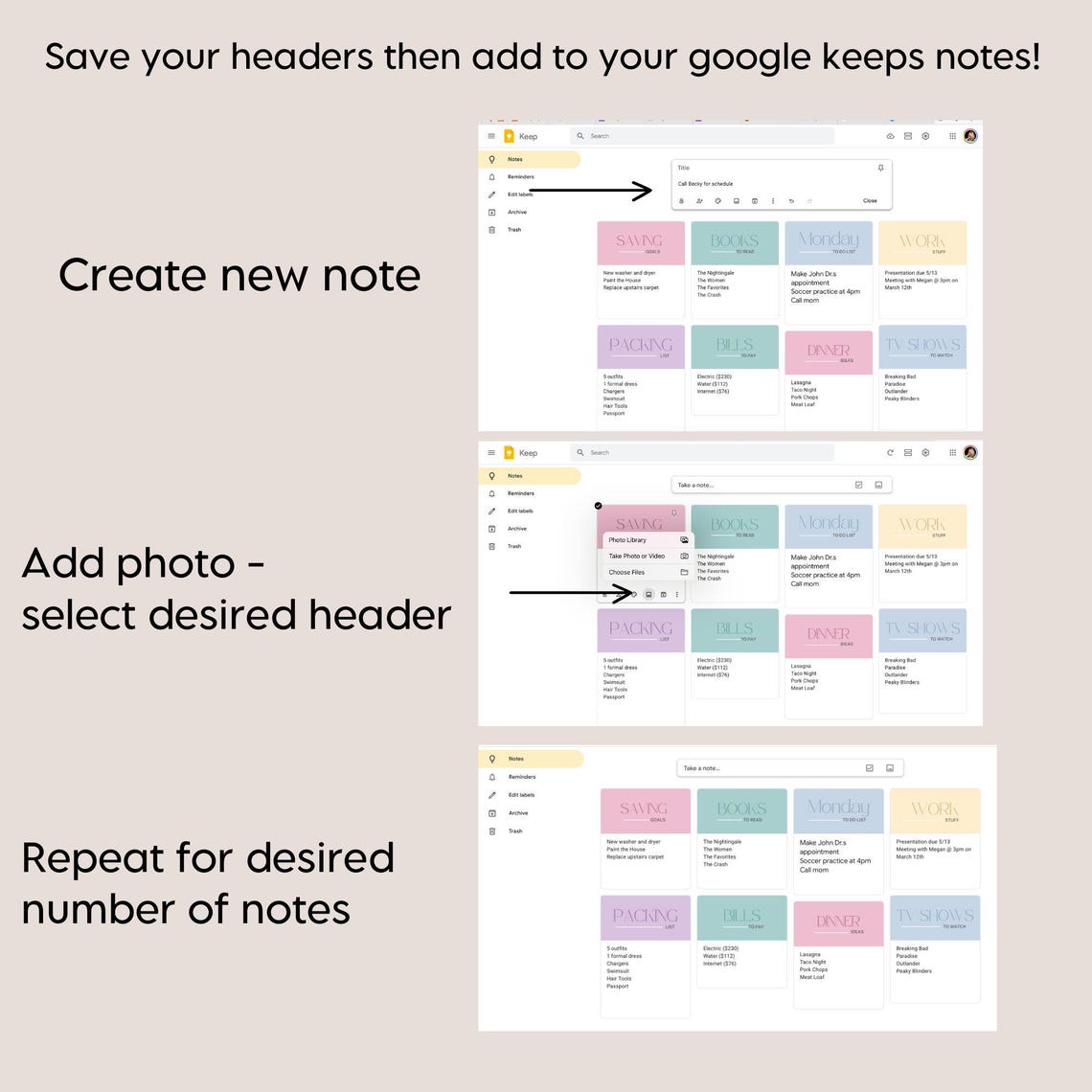 Google Keep Header Templates, Header Templates, Notes Headers, Custom ...