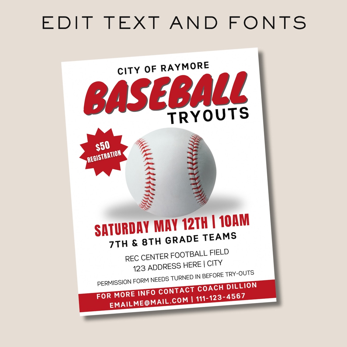 Editable Flyer, Baseball Tryout Flyer, Baseball Sign up Flyer, Canva ...