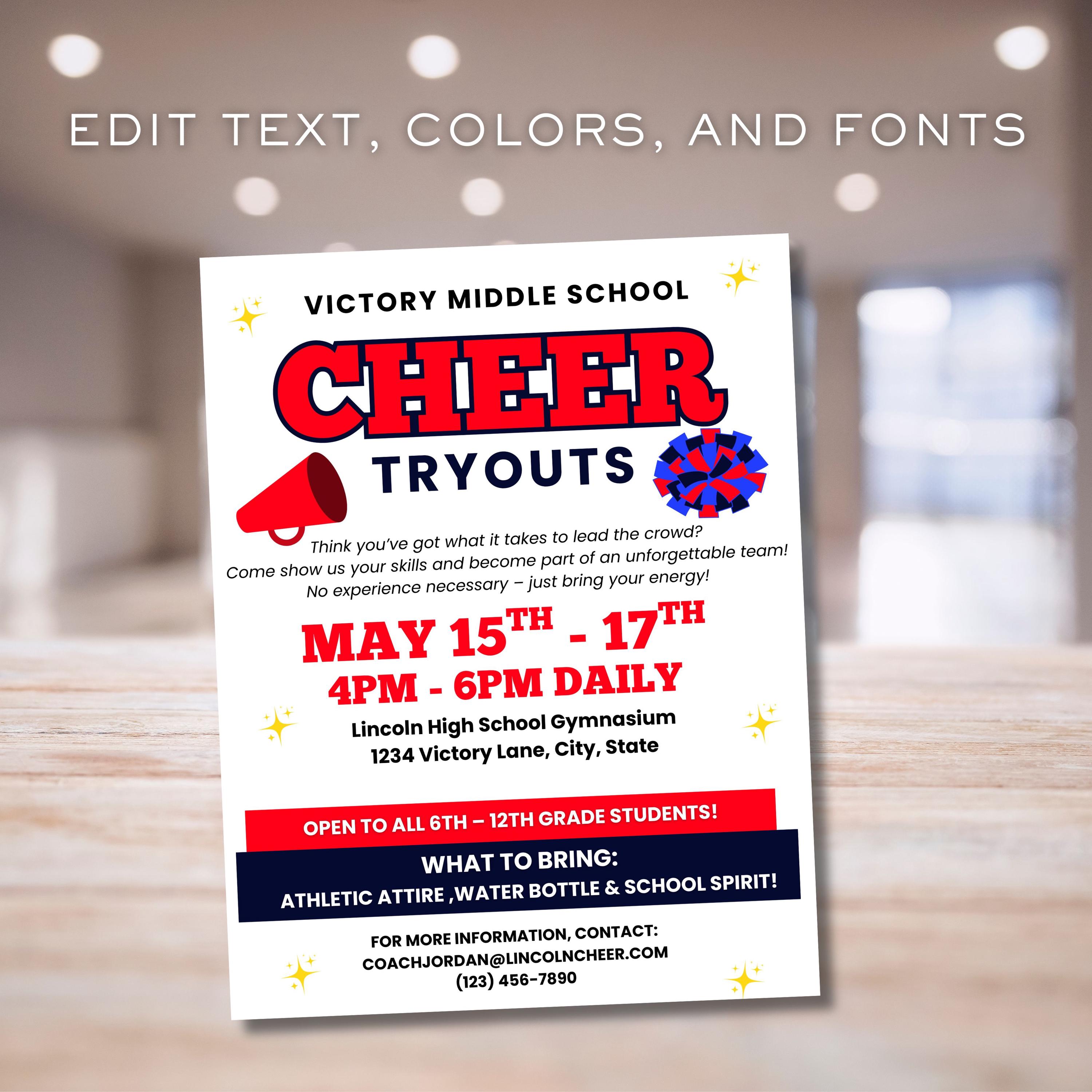 Editable Cheer Tryout Flyer Template | School Spirit Poster | Printable ...