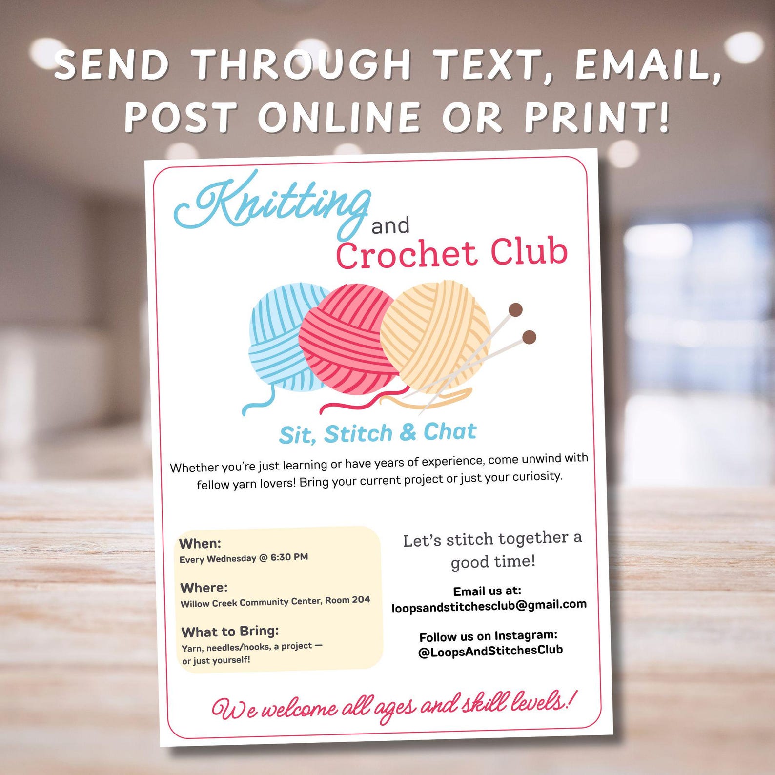 Knitting & Crochet Club Flyer Template – Printable Yarn Club Poster ...