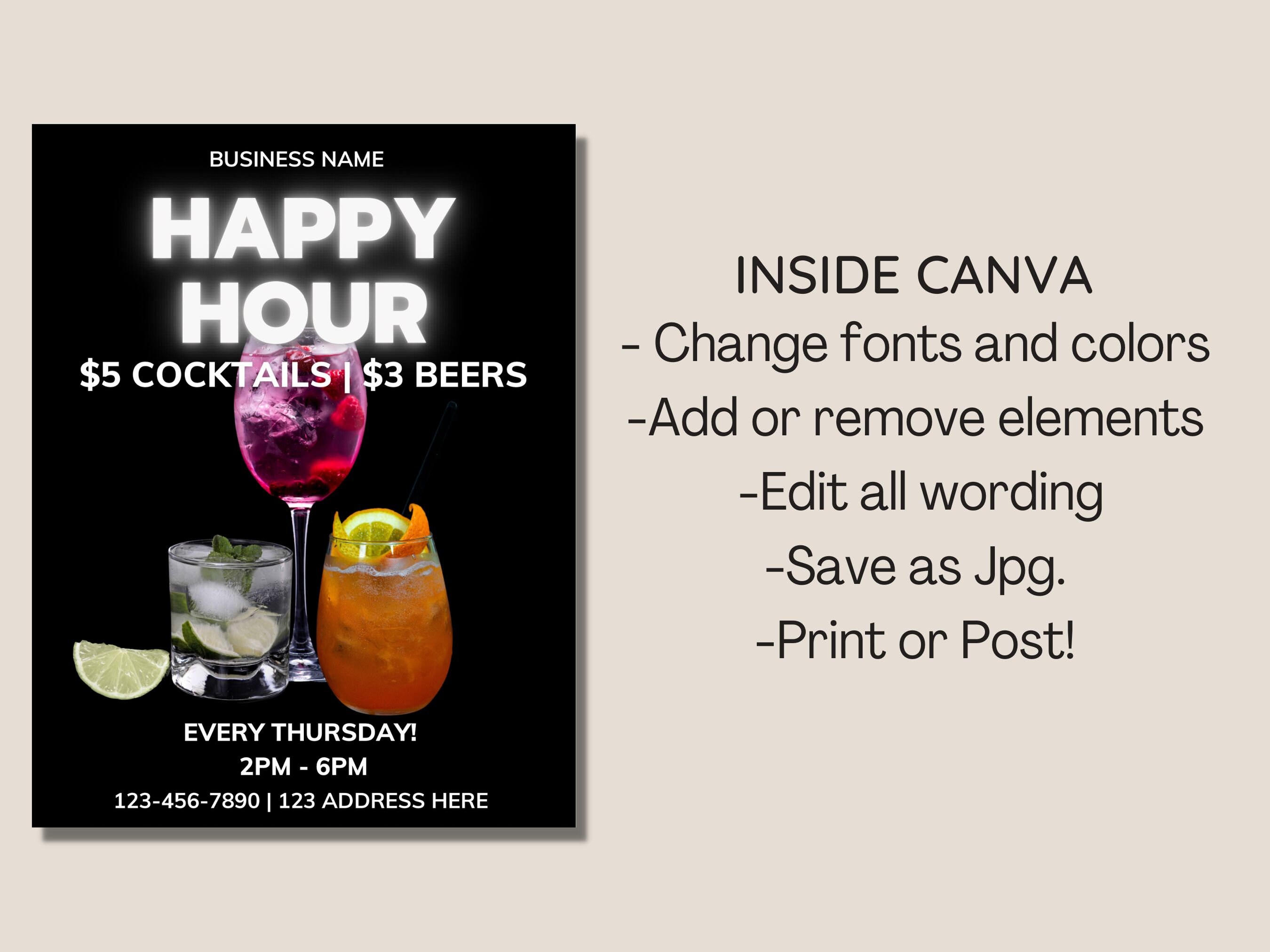 2 Editable Happy Hour Flyer, Bar Flyer, Bar Marketing, Flyer Template ...