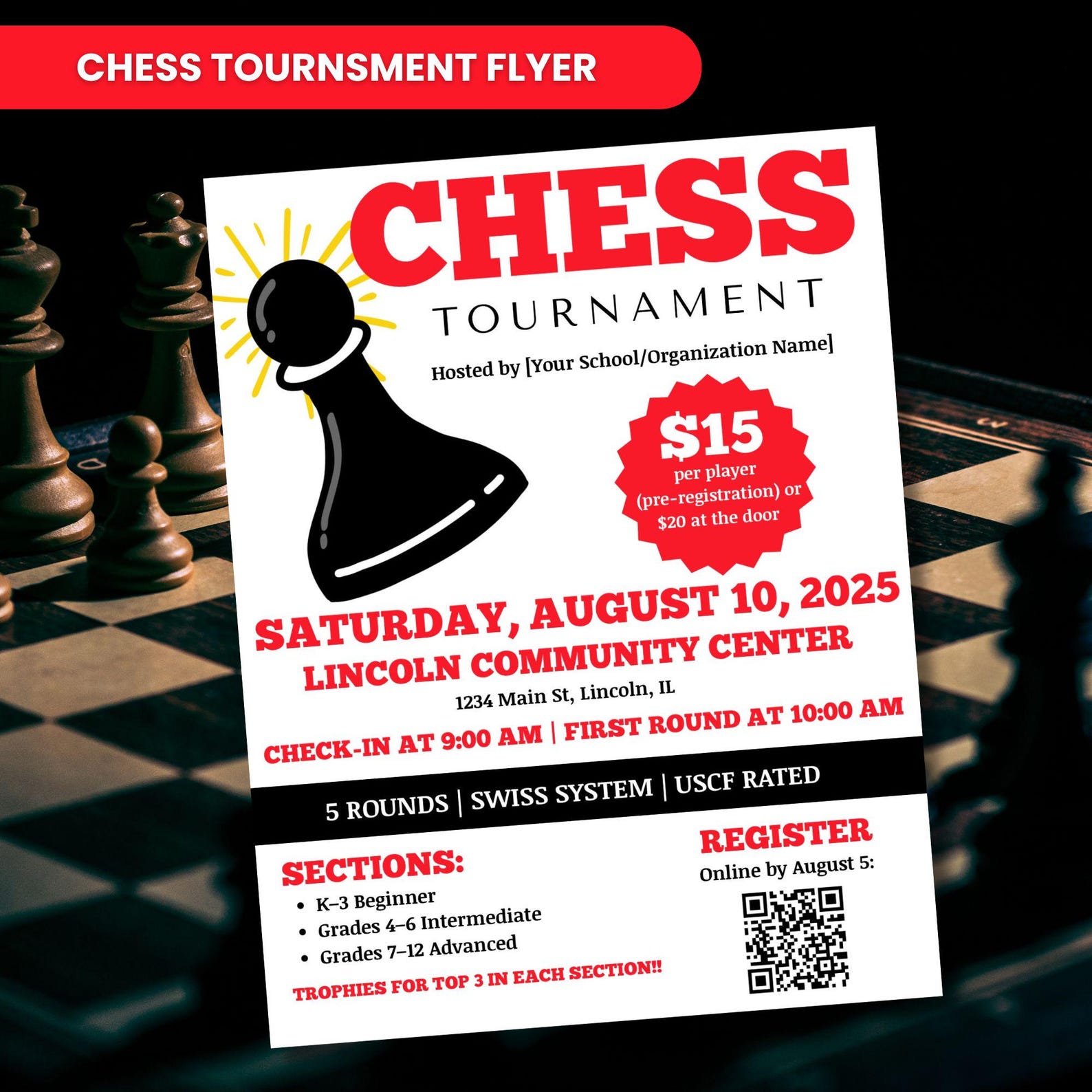 Editable Chess Tournament Flyer Template | Printable Chess Event Poster ...