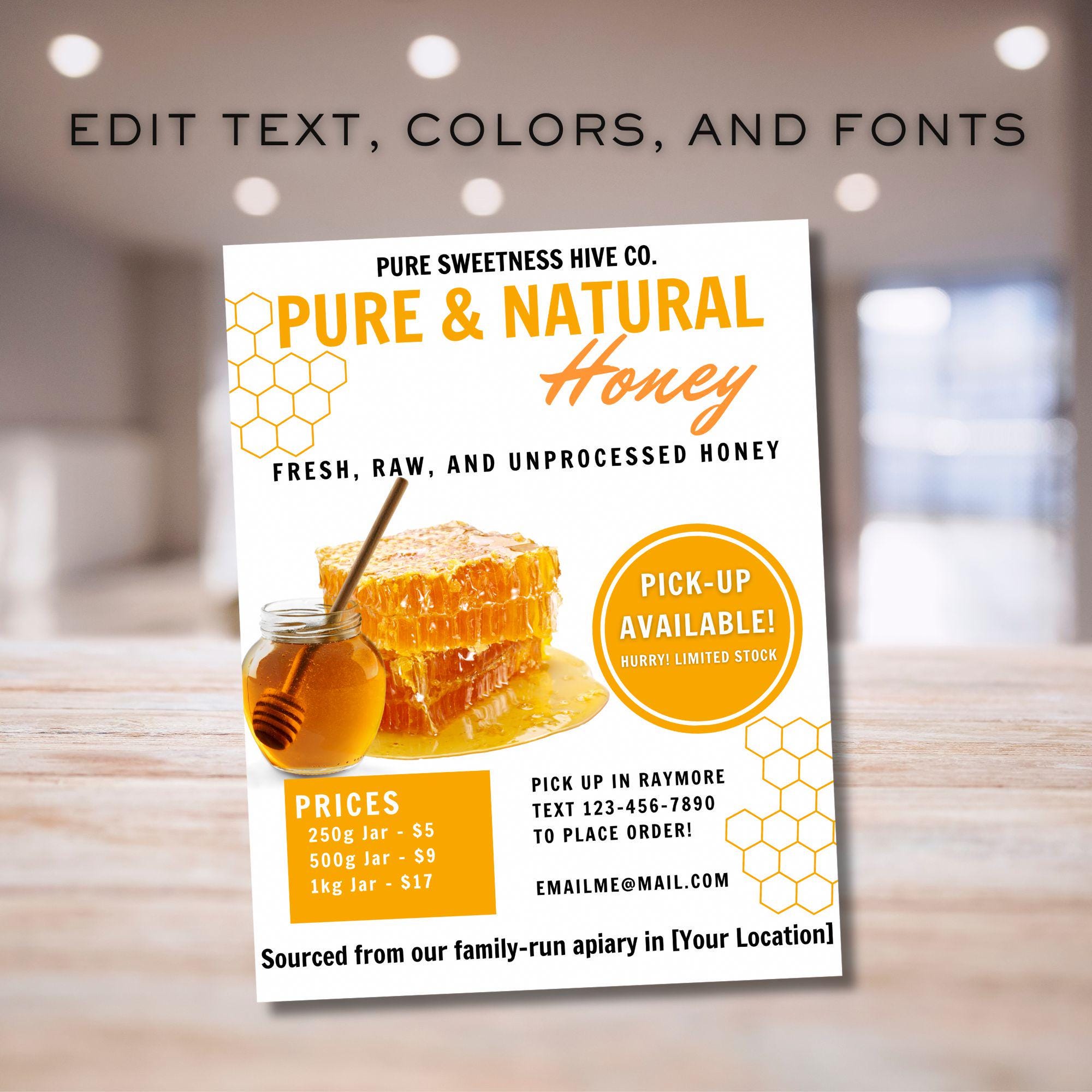 Fresh Honey for Sale Flyer Template, Printable Honey Jar Poster, Local ...