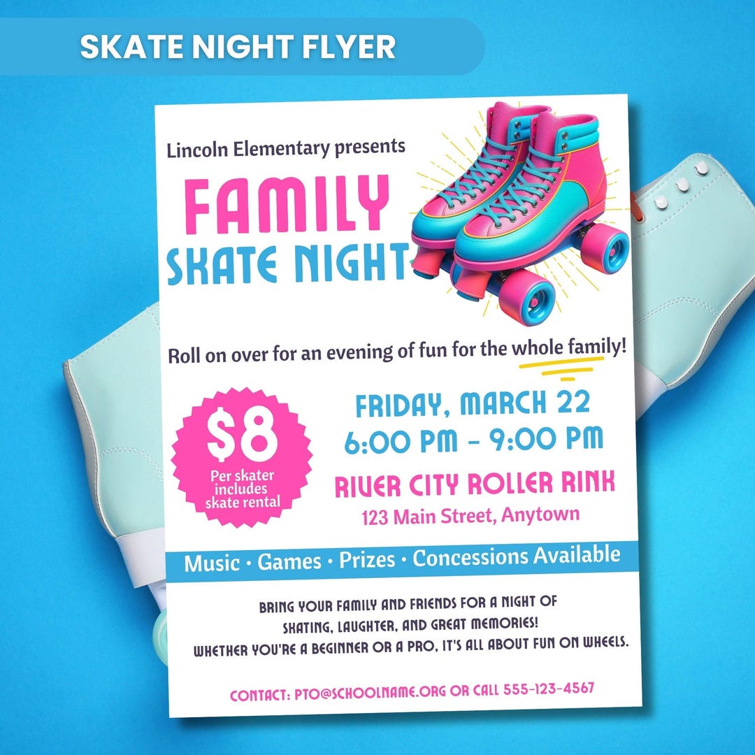Skate Night Flyer, Roller Skate Event Flyer, Roller Rink Flyer, School ...