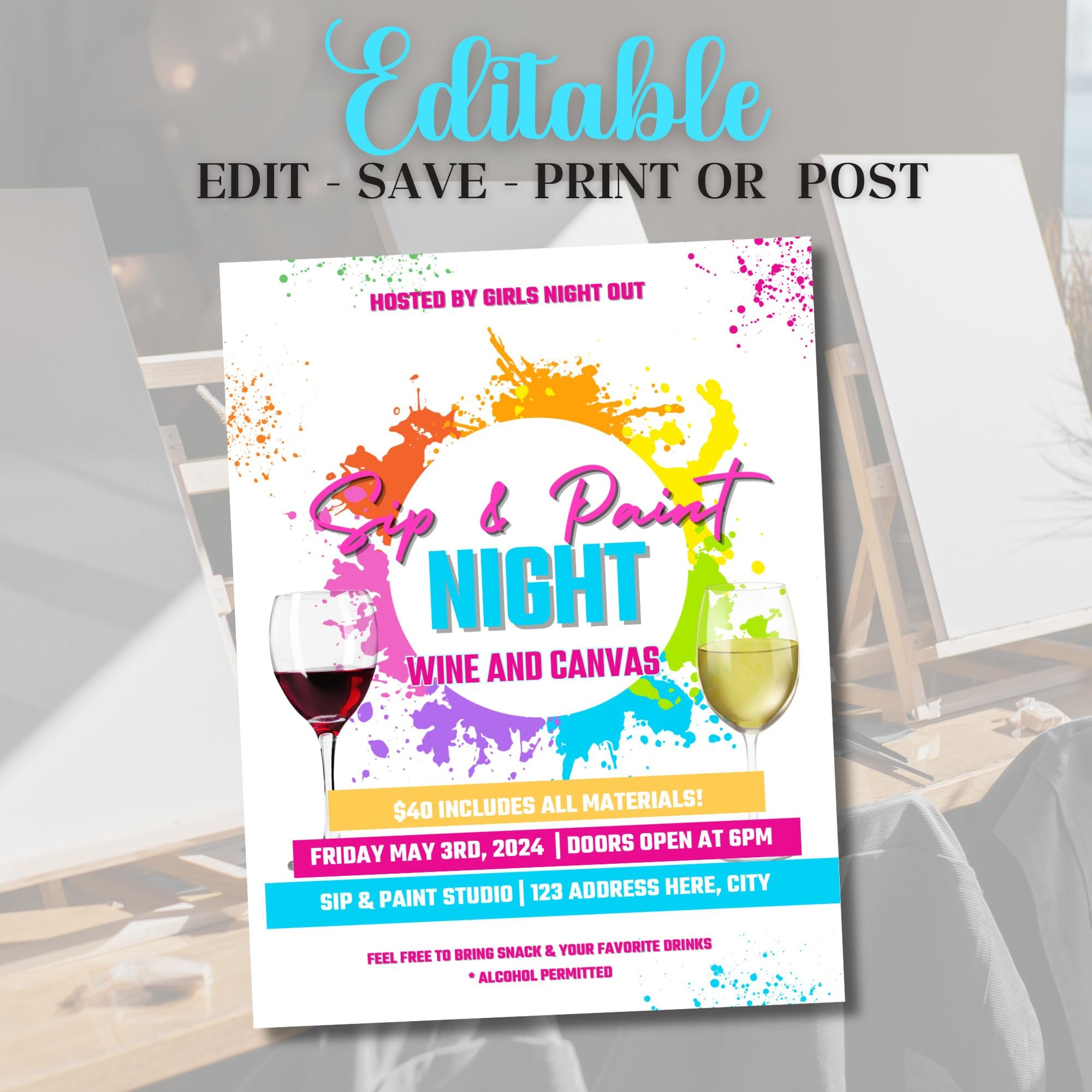 Sip and Paint Flyer, Flyer Template, Painting Class Flyer, Paint and Sip Invitation, Paint Night ...