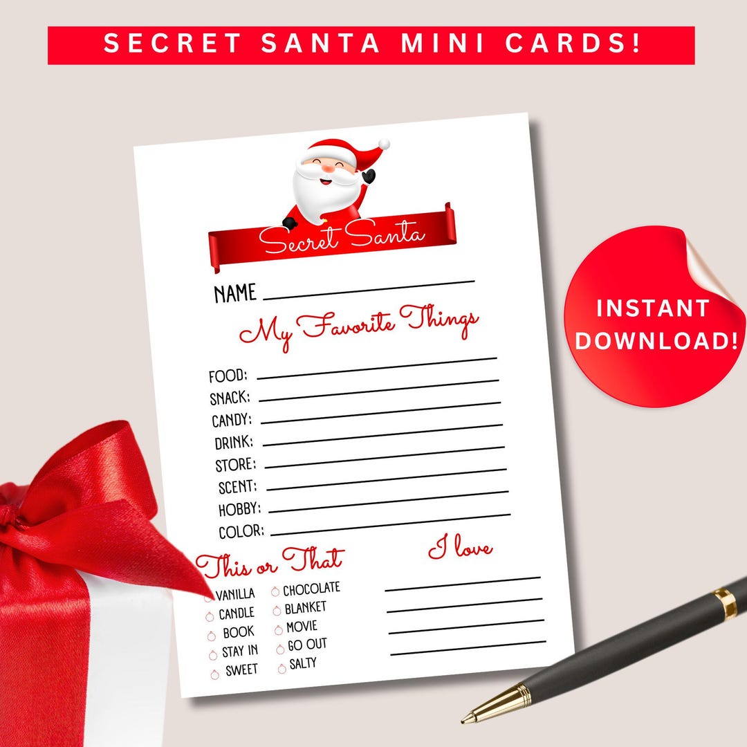 Secret Santa Questionnaire, Secret Santa Cards, Instant Download, Santa ...