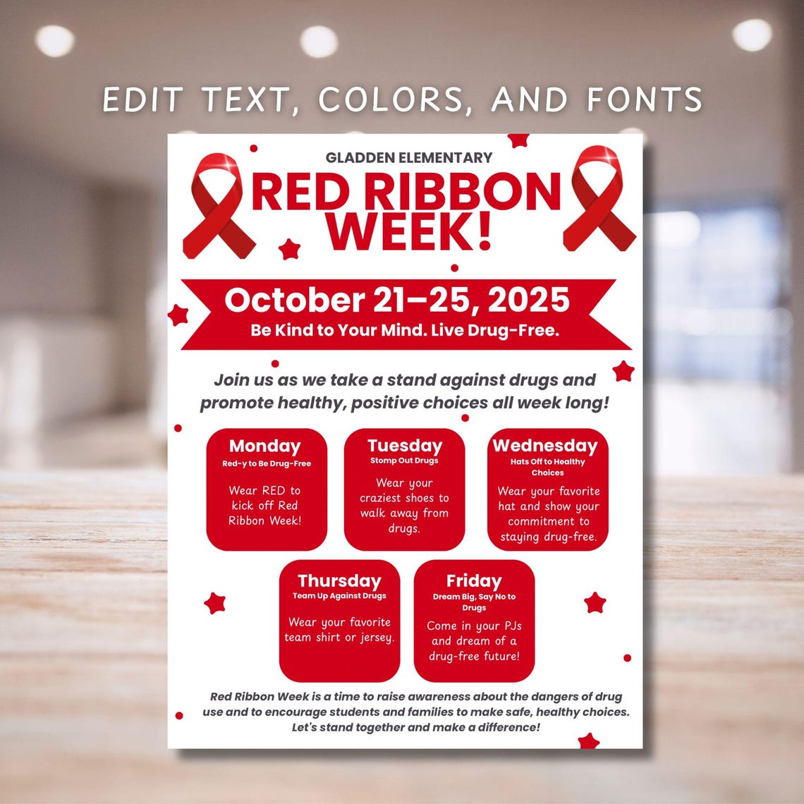 Red Ribbon Week Flyer Template | Drug-free School Spirit Week Schedule ...