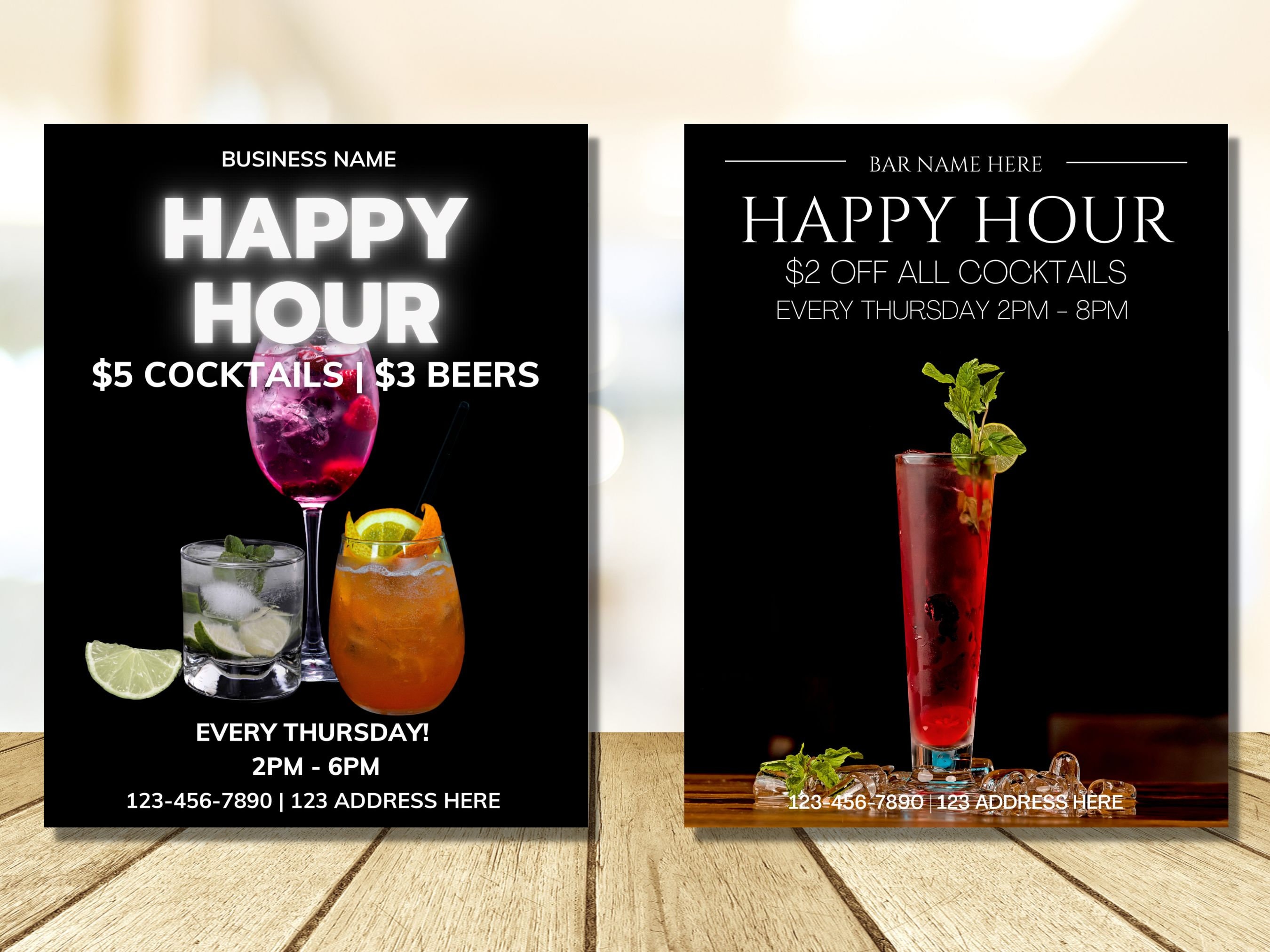 2 Editable Happy Hour Flyer, Bar Flyer, Bar Marketing, Flyer Template ...