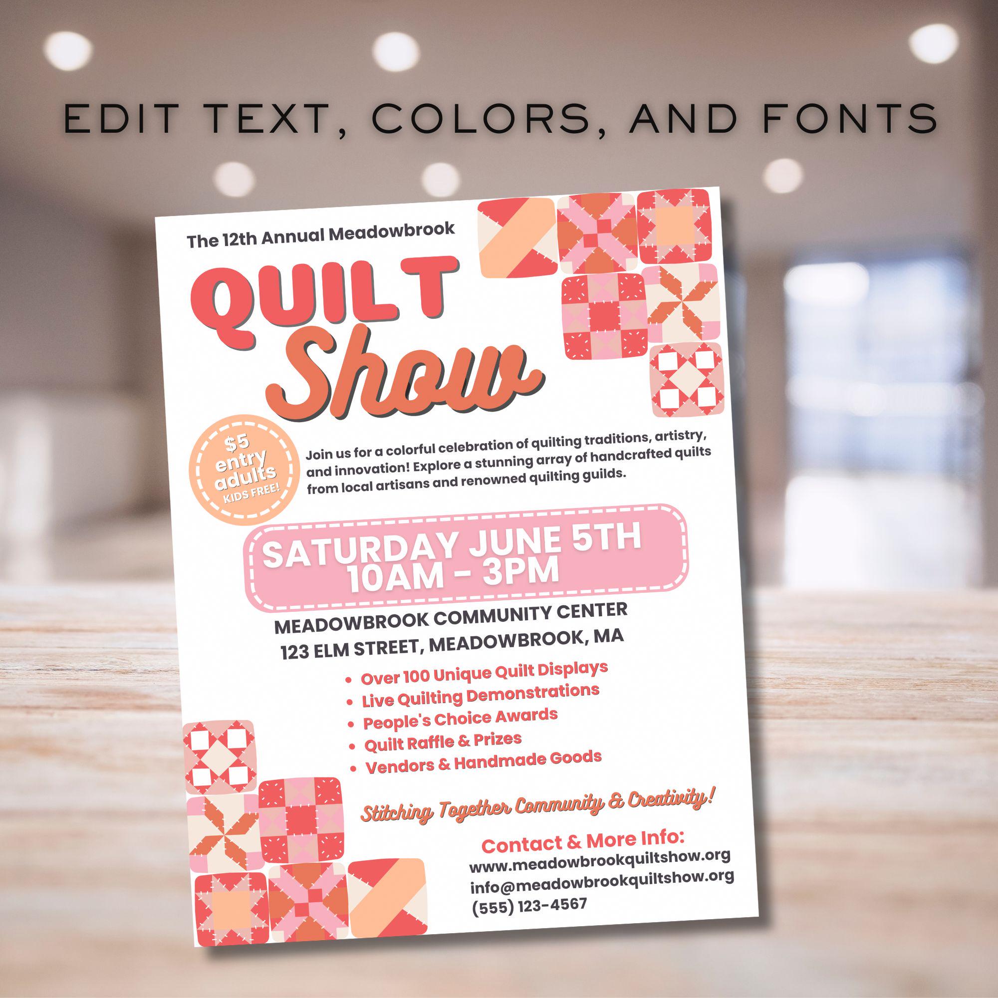 Quilt Show Flyer Template | Editable Quilt Event Poster | Pastel ...