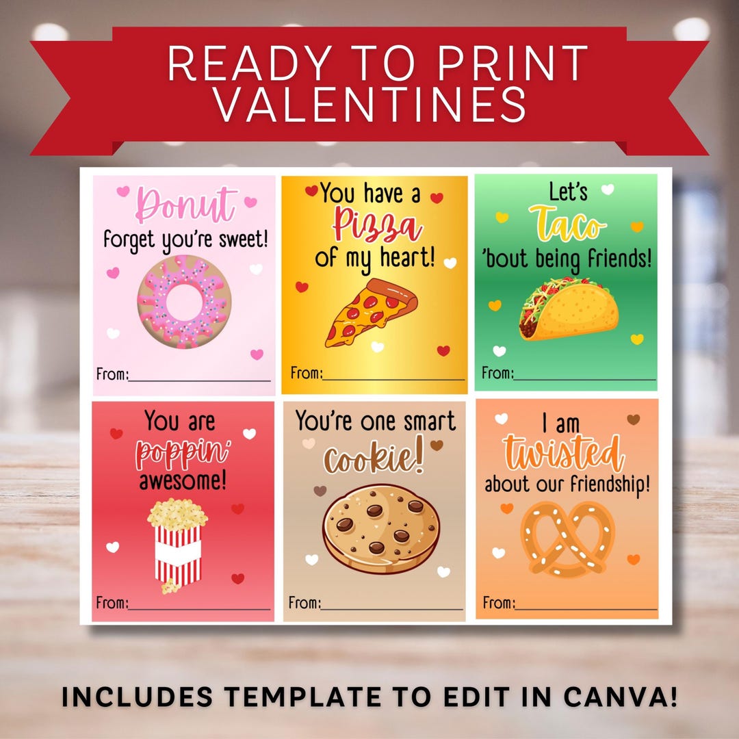 Printable Snacks and Treats Valentines Day Cards, Valentines Day Grams ...