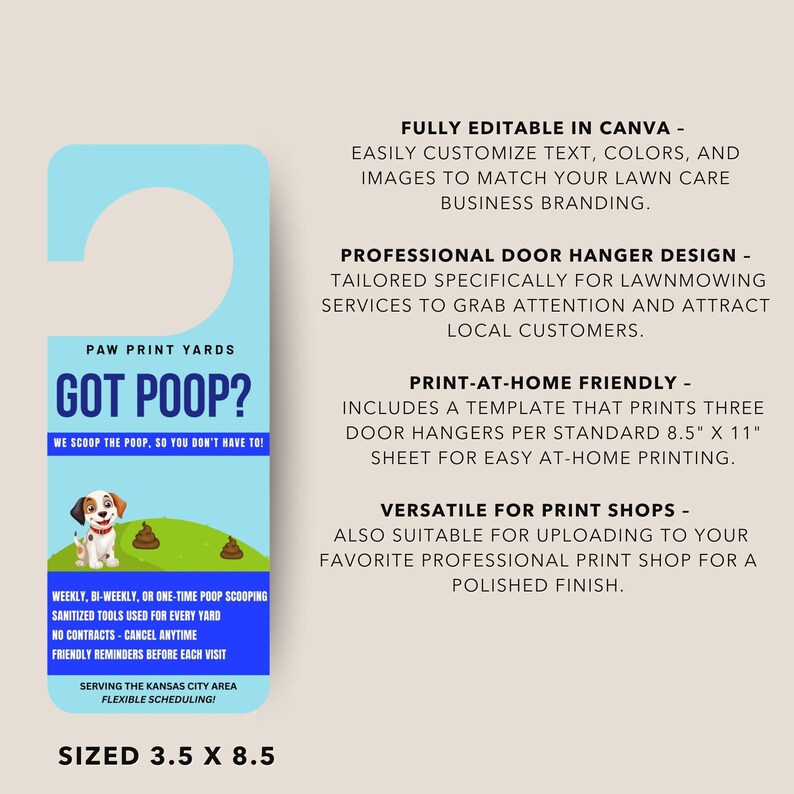 Editable Poop Scoop Service Door Hanger Template, Door Hanger, Poop ...