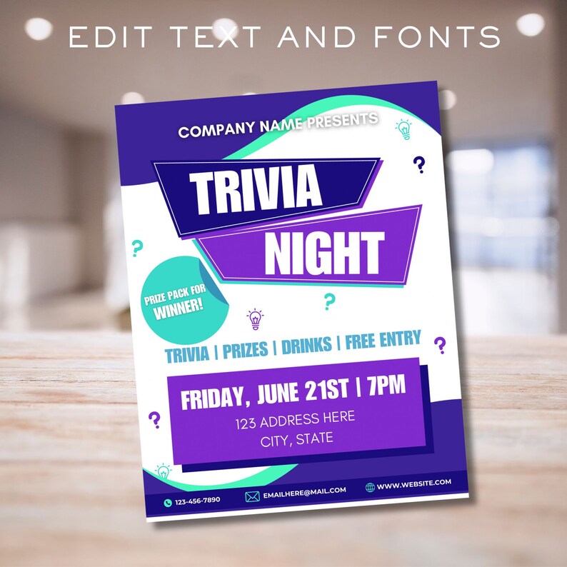 Trivia Night Editable Flyer, Trivia Night Flyer, Trivia Ad, Trivia ...