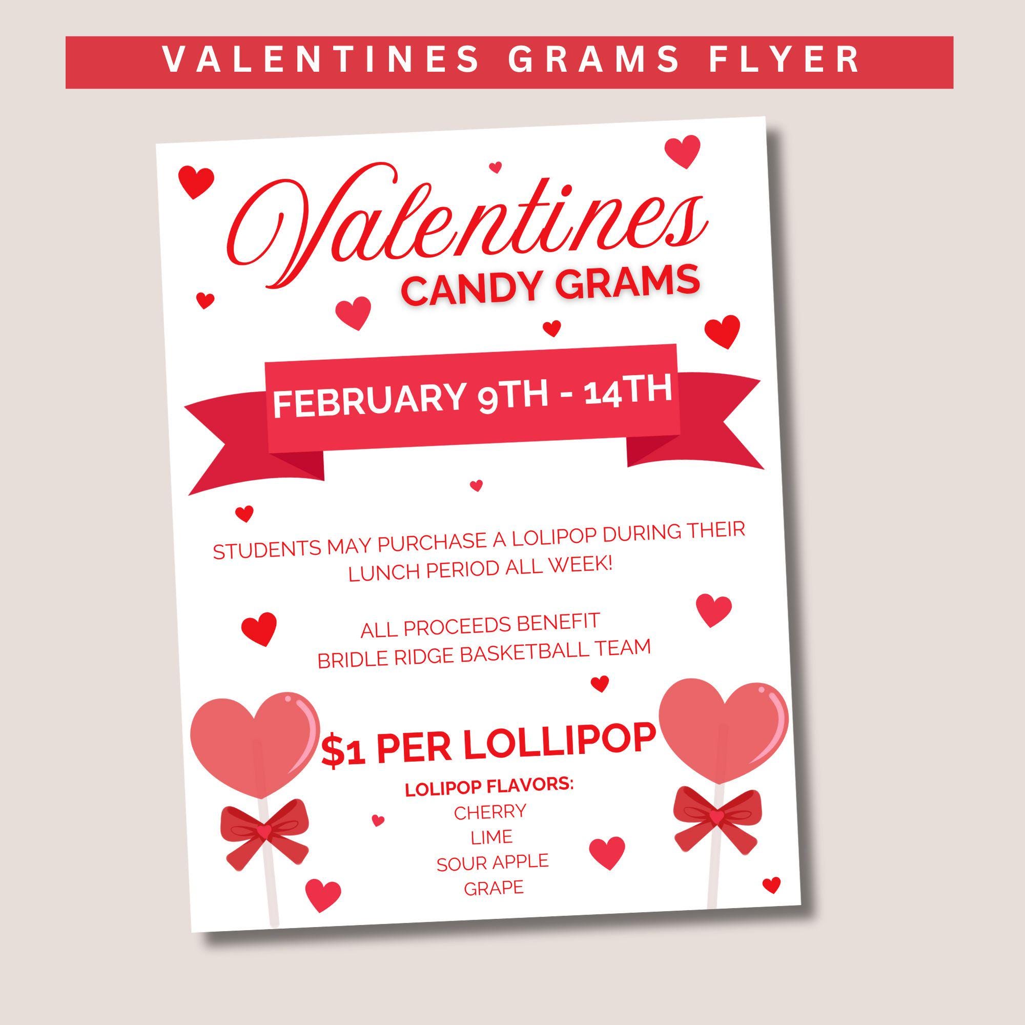 Editable Valentines Gram Flyer, Valentines Fundraiser Flyer, Lollipop ...
