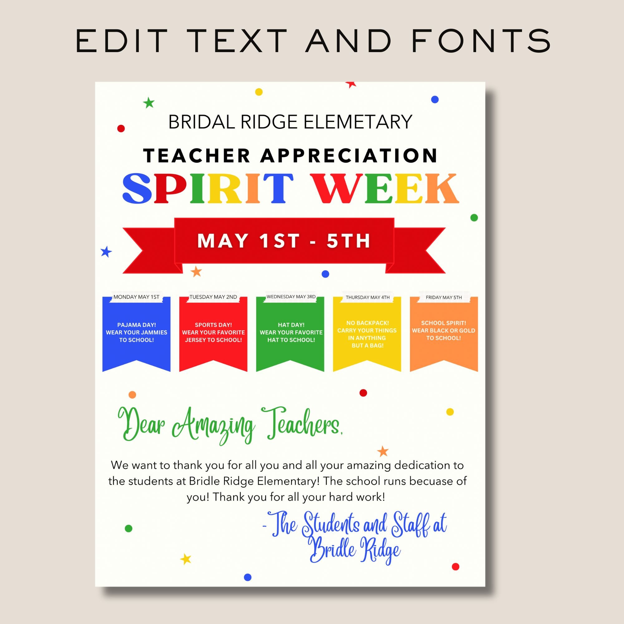 Spirit Week Flyer, Teacher Appreciation Flyer, School Flyer, Spirit ...