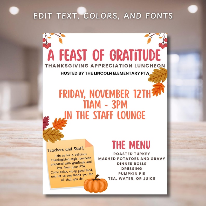 Thanksgiving Teacher Appreciation Flyer, Appreciation Luncheon Flyer ...