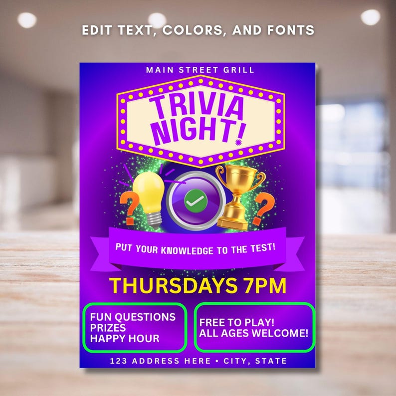 Trivia Night Editable Flyer, Trivia Night Flyer, Trivia Ad, Trivia ...