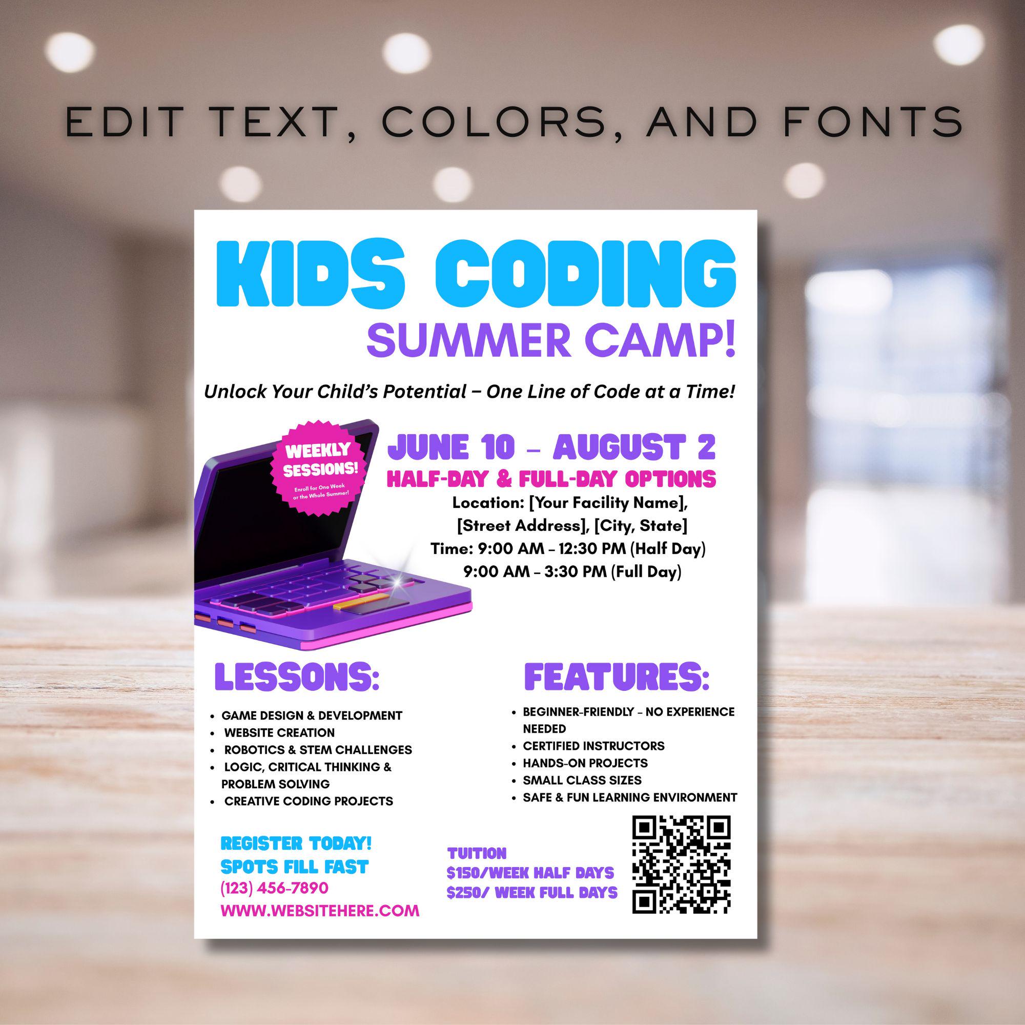 Kids Coding Summer Camp Flyer Template | Editable STEM Program Flyer ...