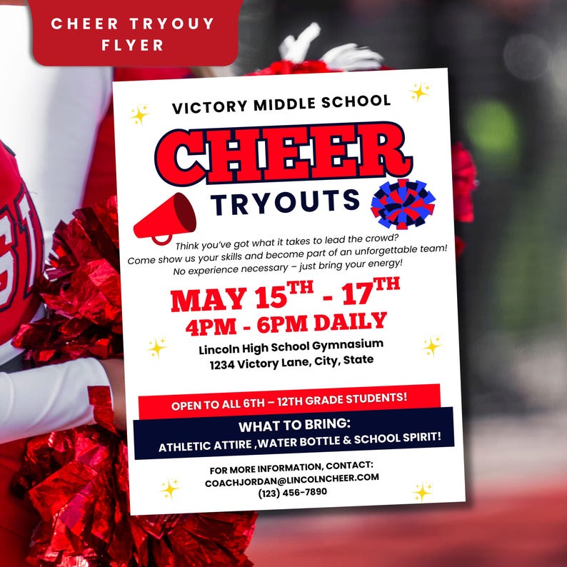 Editable Cheer Tryout Flyer Template | School Spirit Poster | Printable ...