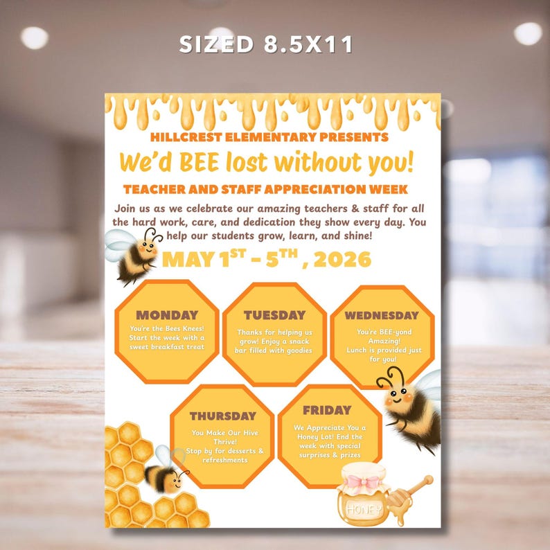Teacher & Staff Appreciation Week Flyer Template | Honey Bee Theme ...