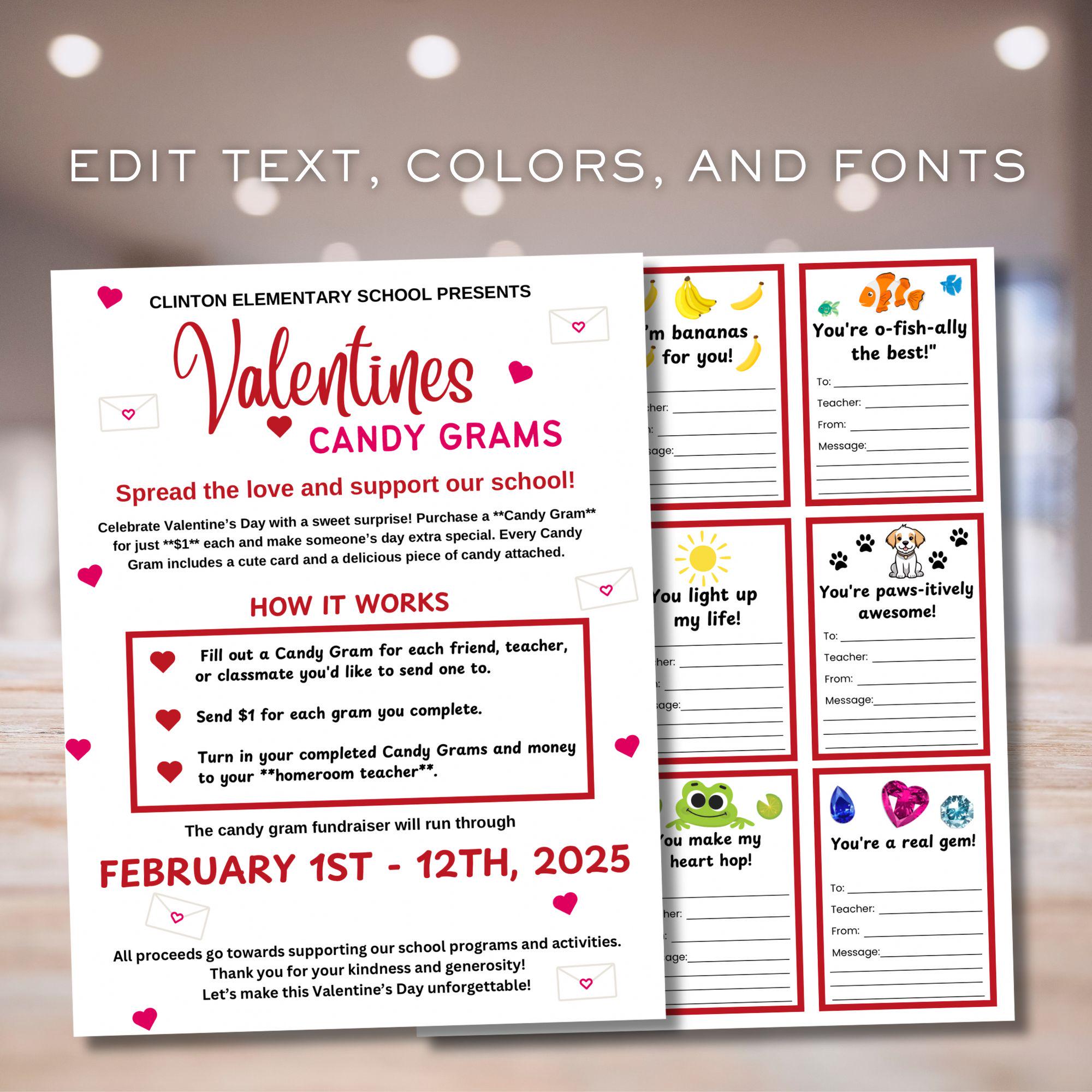 Editable Valentines Candy Gram Flyer, Valentines Fundraiser Flyer ...