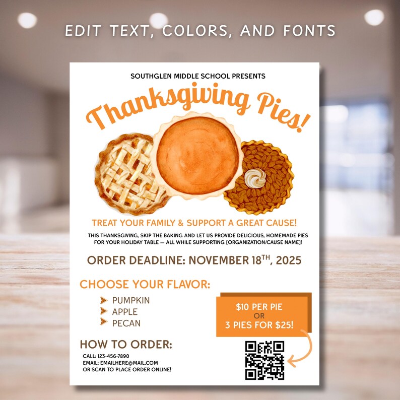 Thanksgiving Pie Fundraiser Flyer, Pie Sale, Pie Flyer, Fundraiser ...