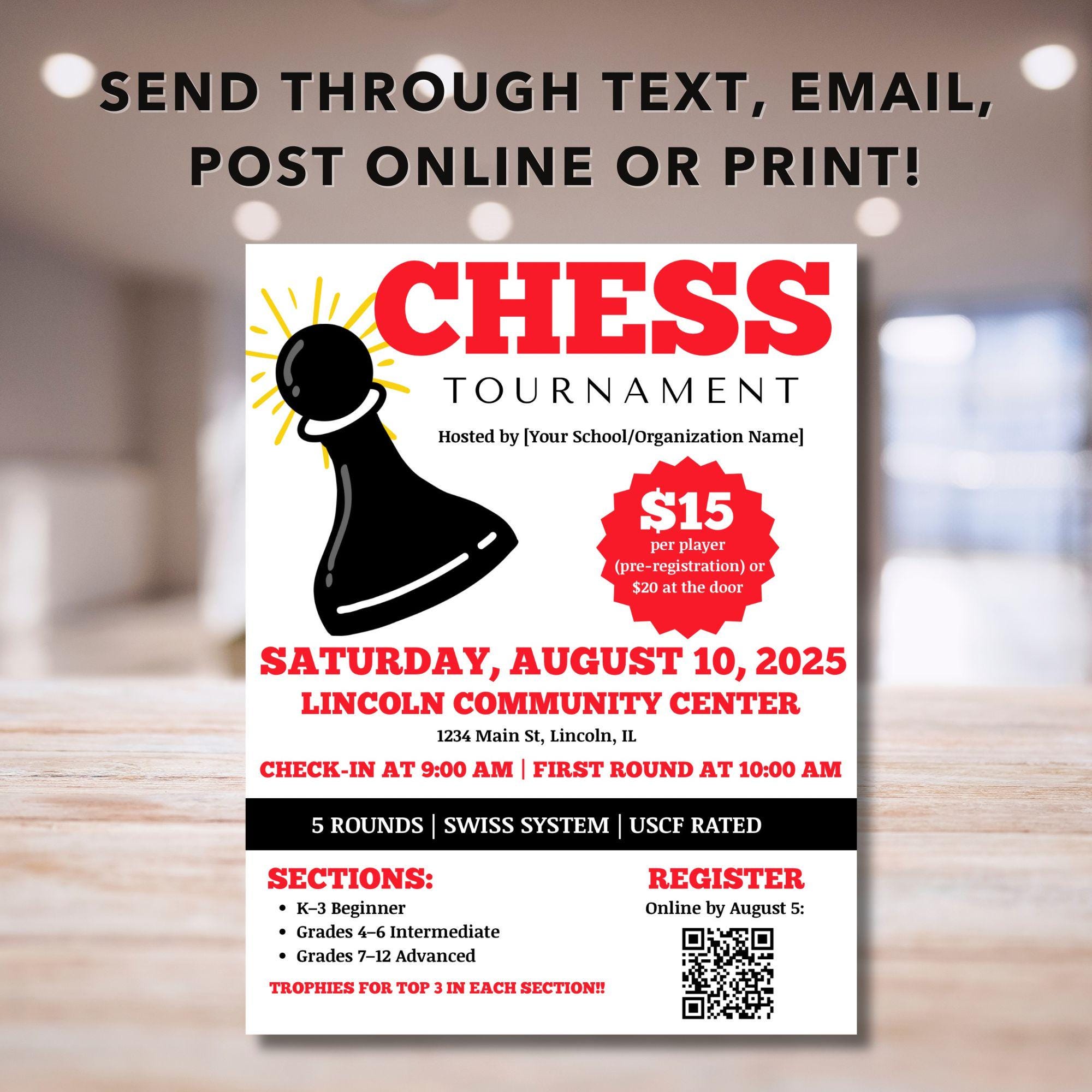 Editable Chess Tournament Flyer Template | Printable Chess Event Poster ...