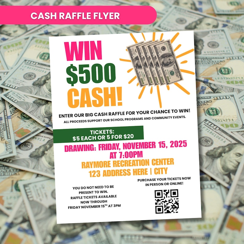 Cash Raffle Fundraiser Flyer, Raffle Event, Raffle Flyer, Fundraiser ...