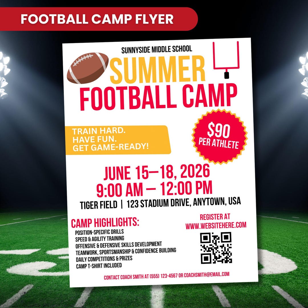 Editable Flyer, Football Camp Flyer, Football Sign up Flyer, Canva ...