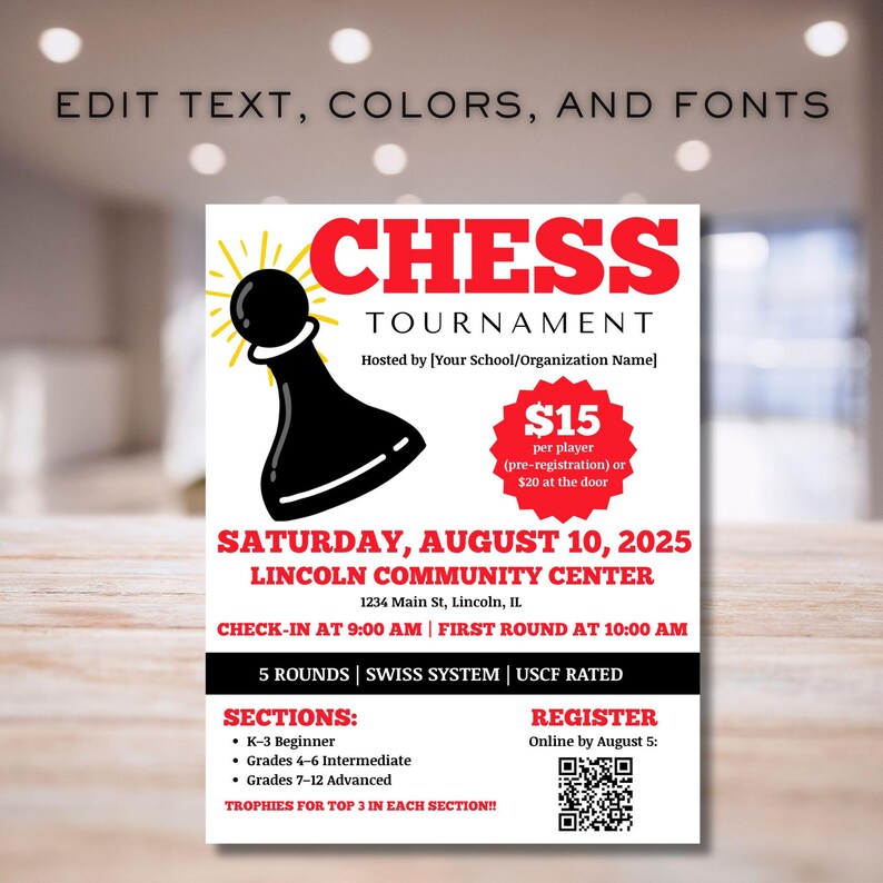 Editable Chess Tournament Flyer Template | Printable Chess Event Poster ...