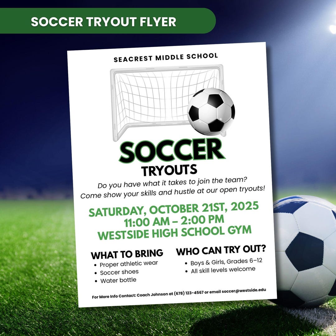 Soccer Flyer, Soccer Tryouts Flyer, Soccer Sign up Flyer, Canva ...