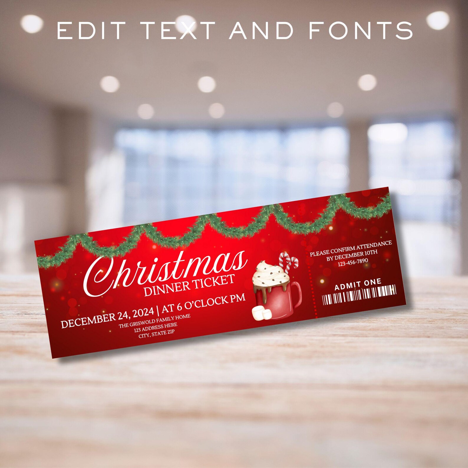 Christmas Dinner Ticket Template, Christmas Theme Ticket, Digital ...