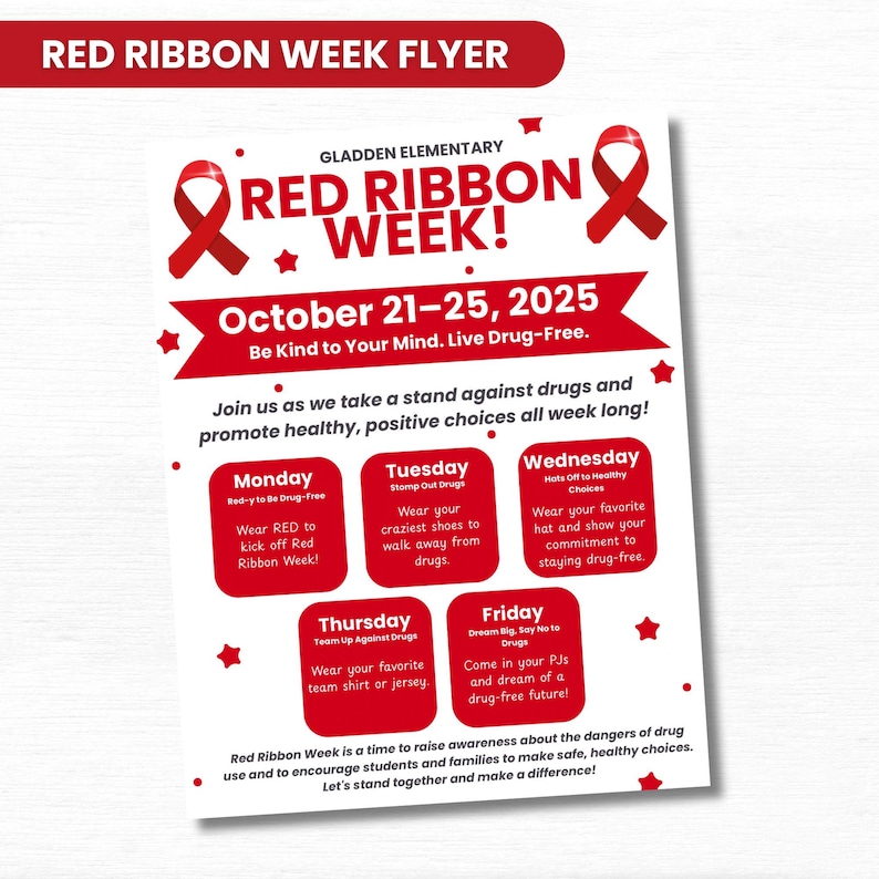 Red Ribbon Week Flyer Template | Drug-free School Spirit Week Schedule ...