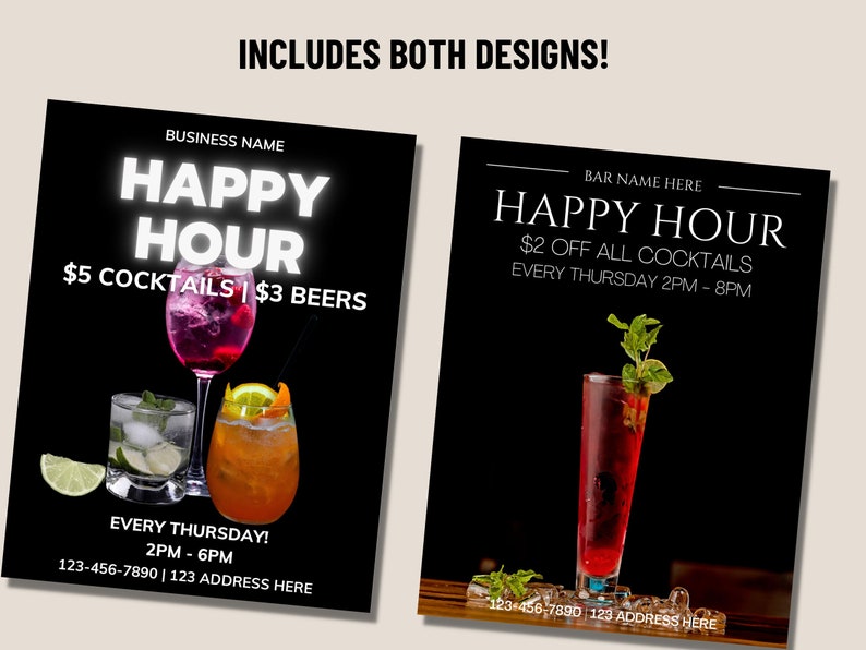 2 Editable Happy Hour Flyer, Bar Flyer, Bar Marketing, Flyer Template ...