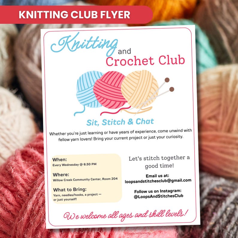 Knitting & Crochet Club Flyer Template – Printable Yarn Club Poster ...