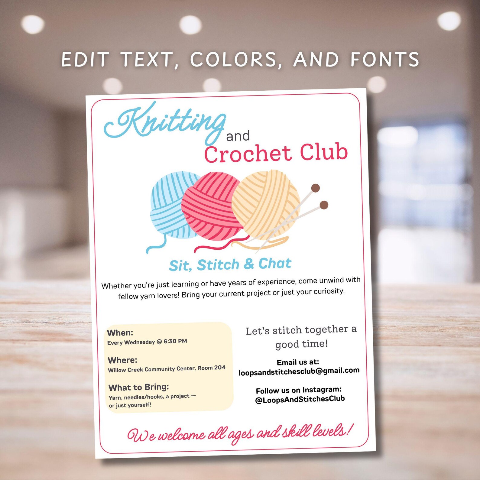 Knitting & Crochet Club Flyer Template – Printable Yarn Club Poster ...