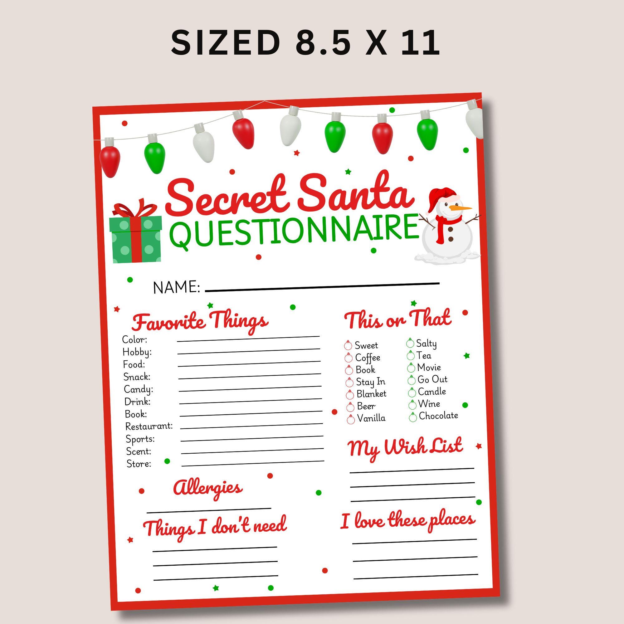 Secret Santa Questionnaire, Secret Santa Flyer, Instant Download, Santa ...